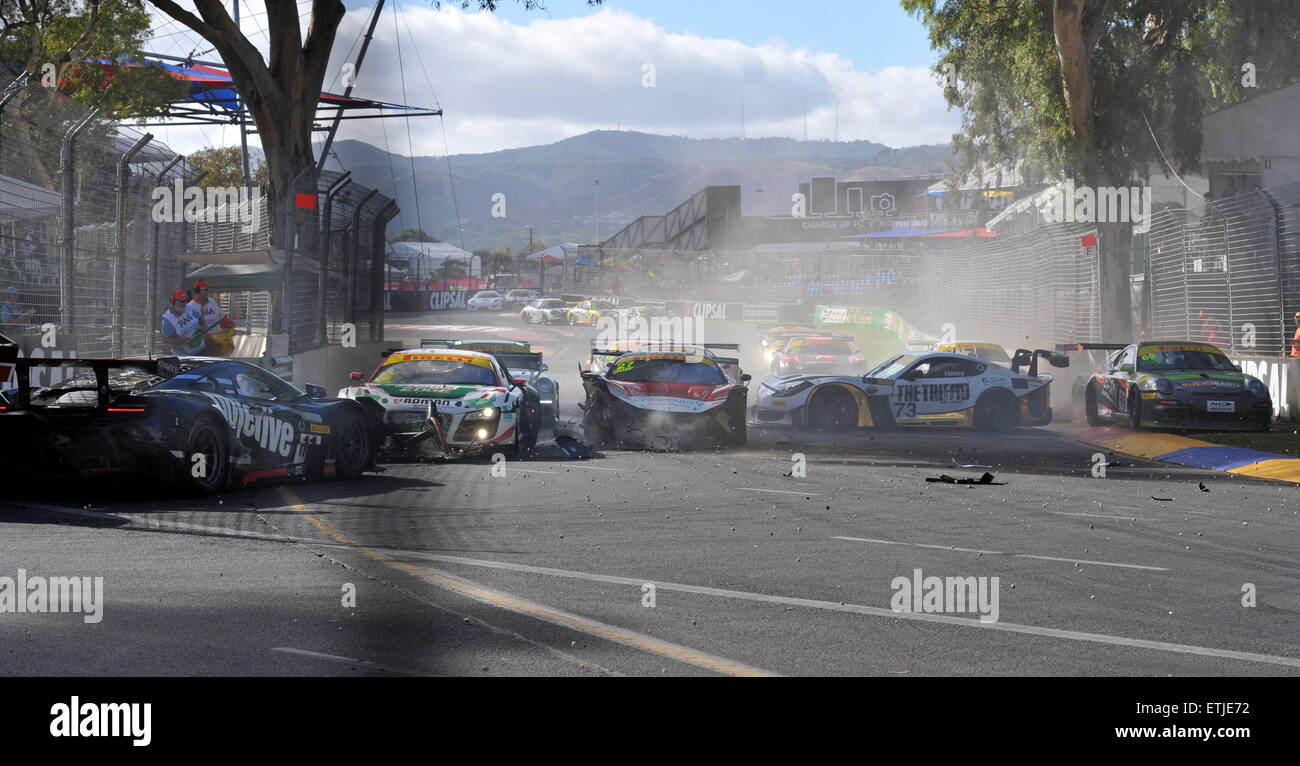 Paul Kelly's Ferrari 458 GT3 hits the wall hard at the Senna Chicane ...