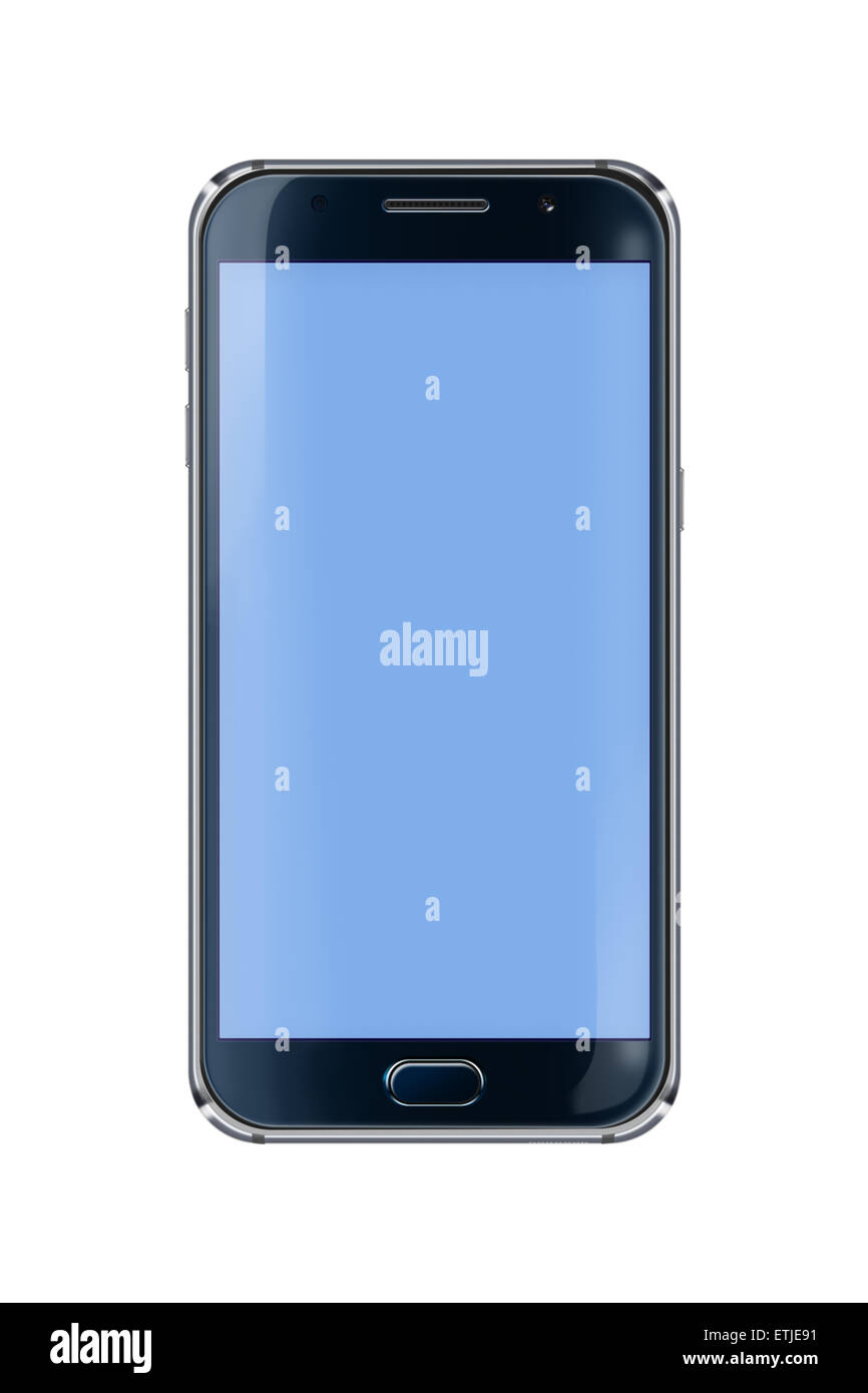 Realistic mobile phone with blue screen isolated on white background ...