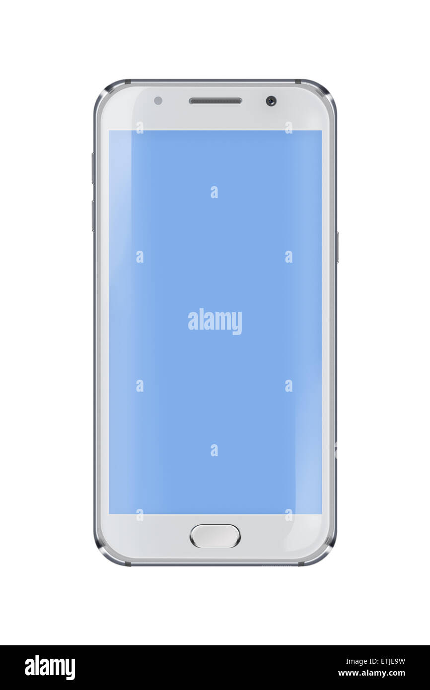 Realistic mobile phone with blue screen isolated on white background ...