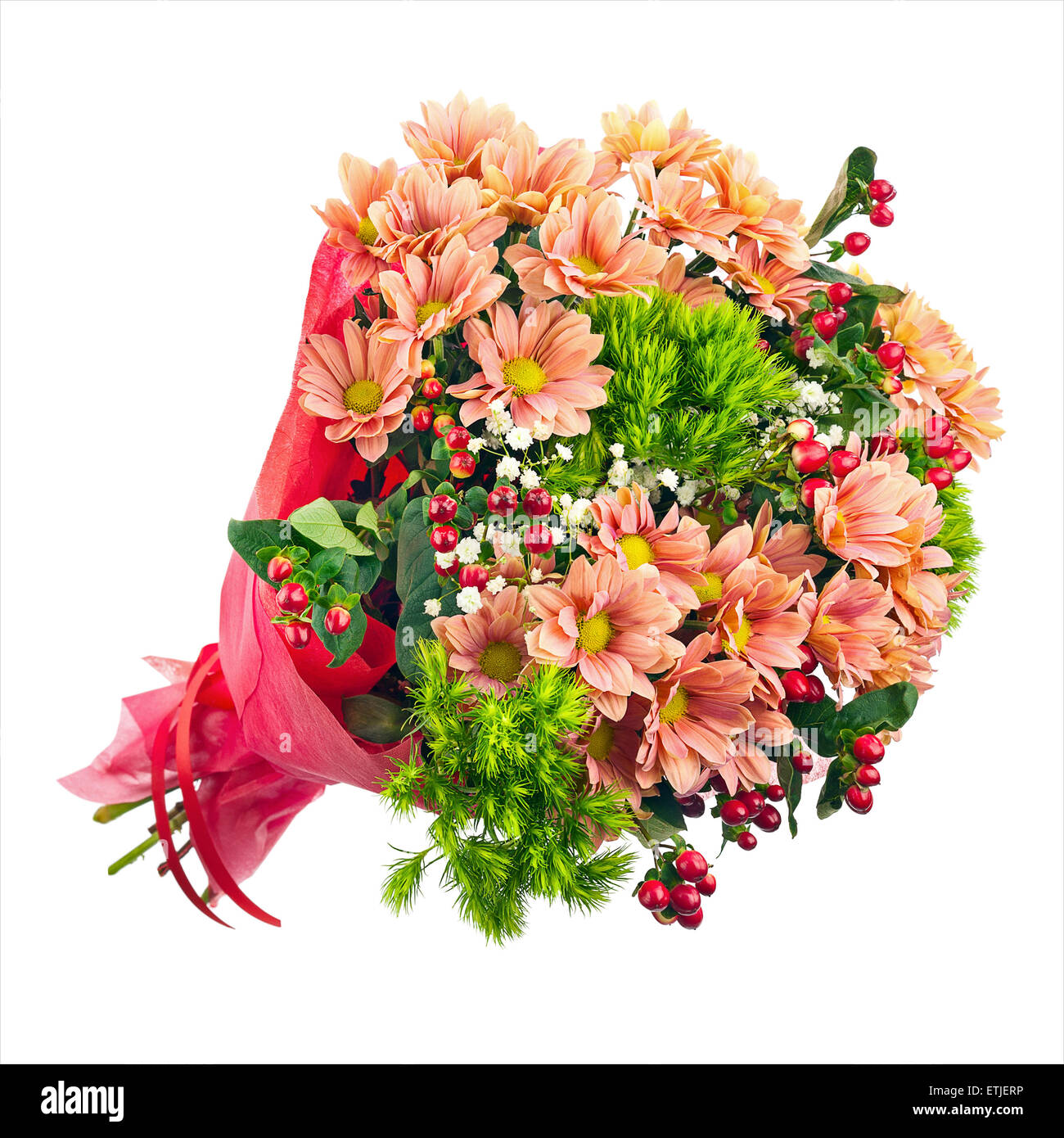 Bouquet of gerbera, carnations and other flowers isolated on white ...