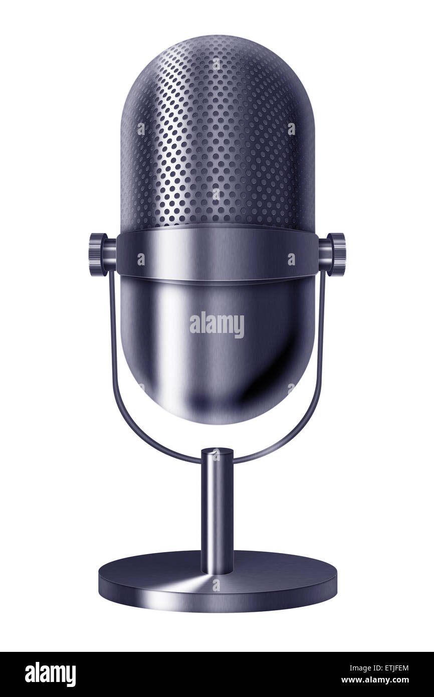 Vintage metal silver blue microphone isolated on white background ...
