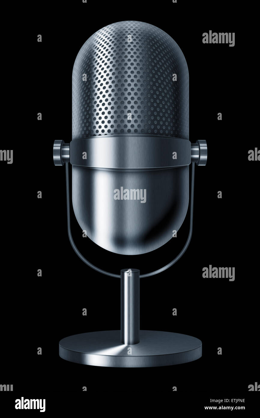 Vintage metal silver blue microphone on black background. Highly ...
