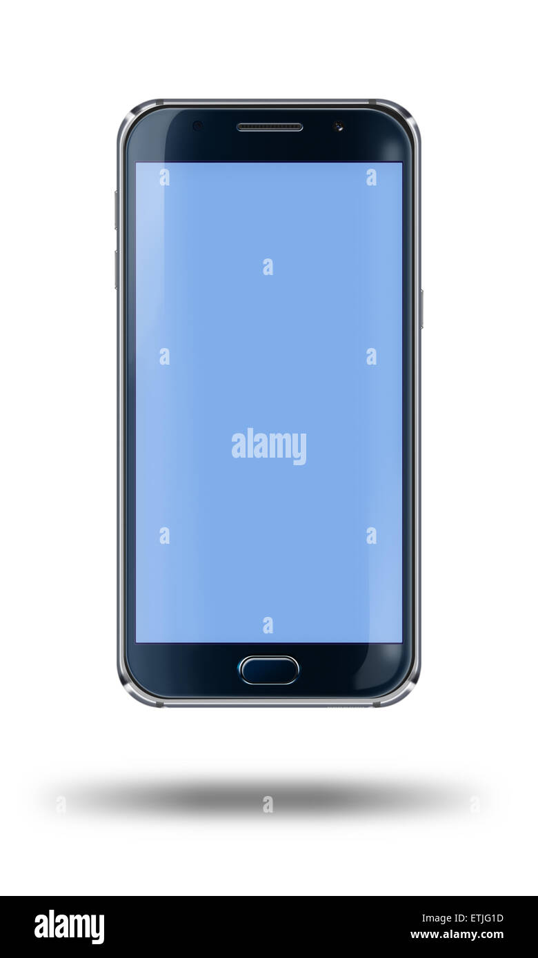 Realistic mobile phone with blue screen and shadows isolated on white ...