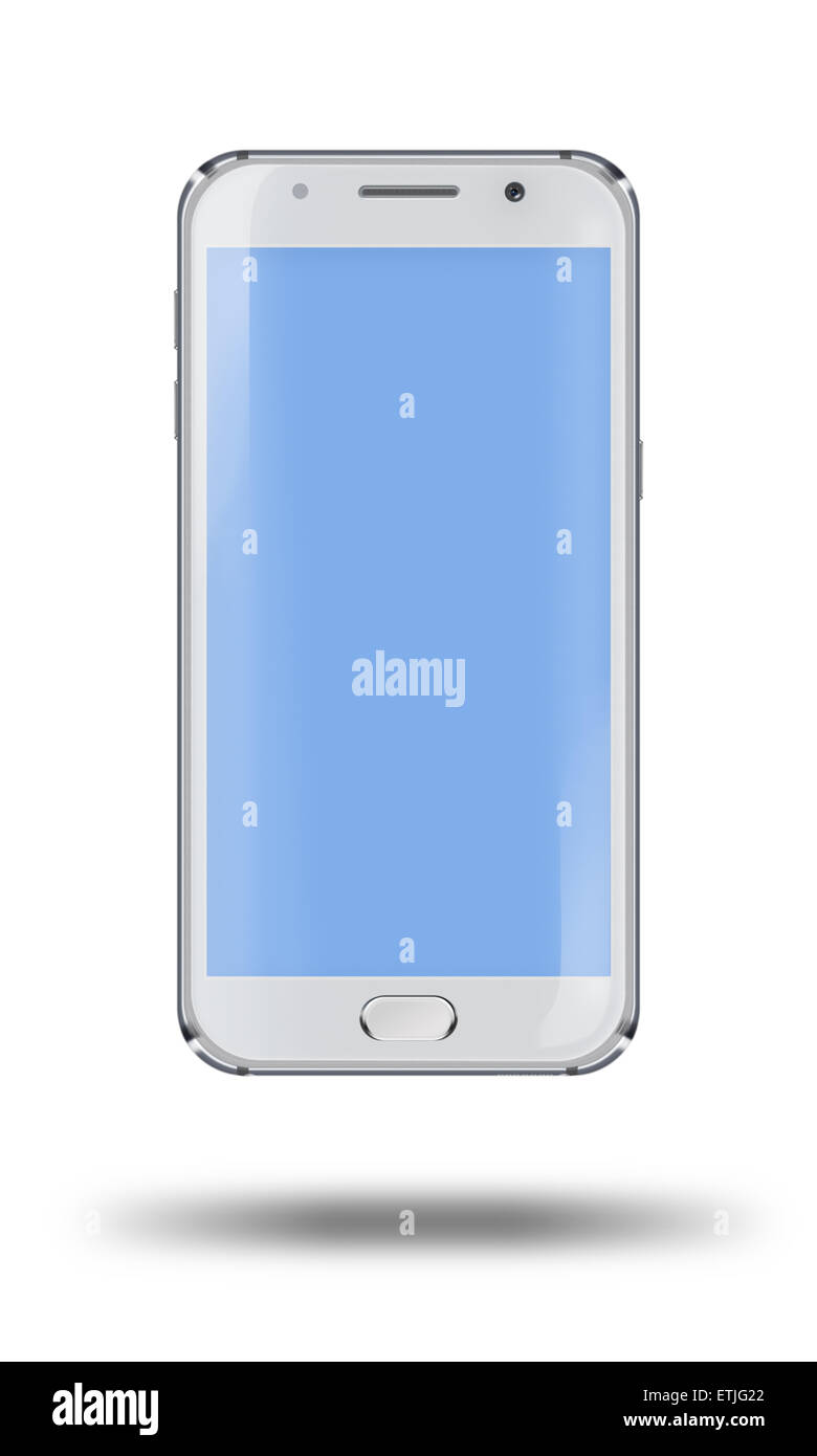 Realistic mobile phone with blue screen and shadows isolated on white ...