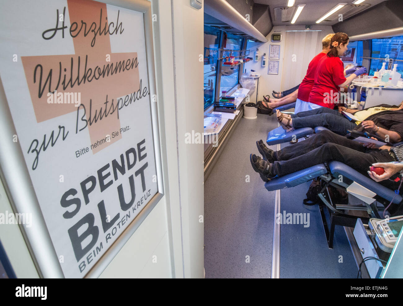 Interior view of a blood donation bus of the German Red Cross on the ...