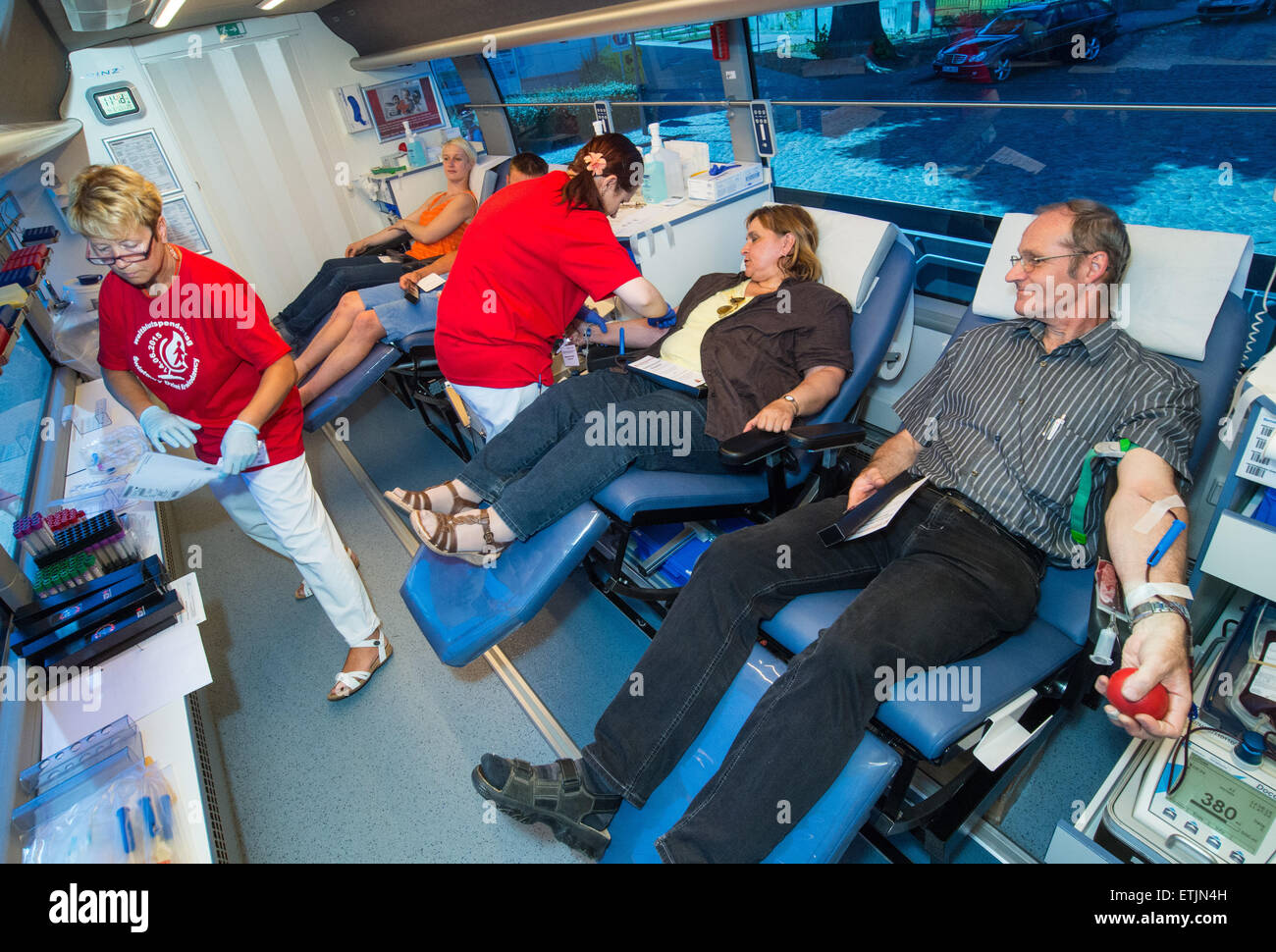 Interior view of a blood donation bus of the German Red Cross on the ...