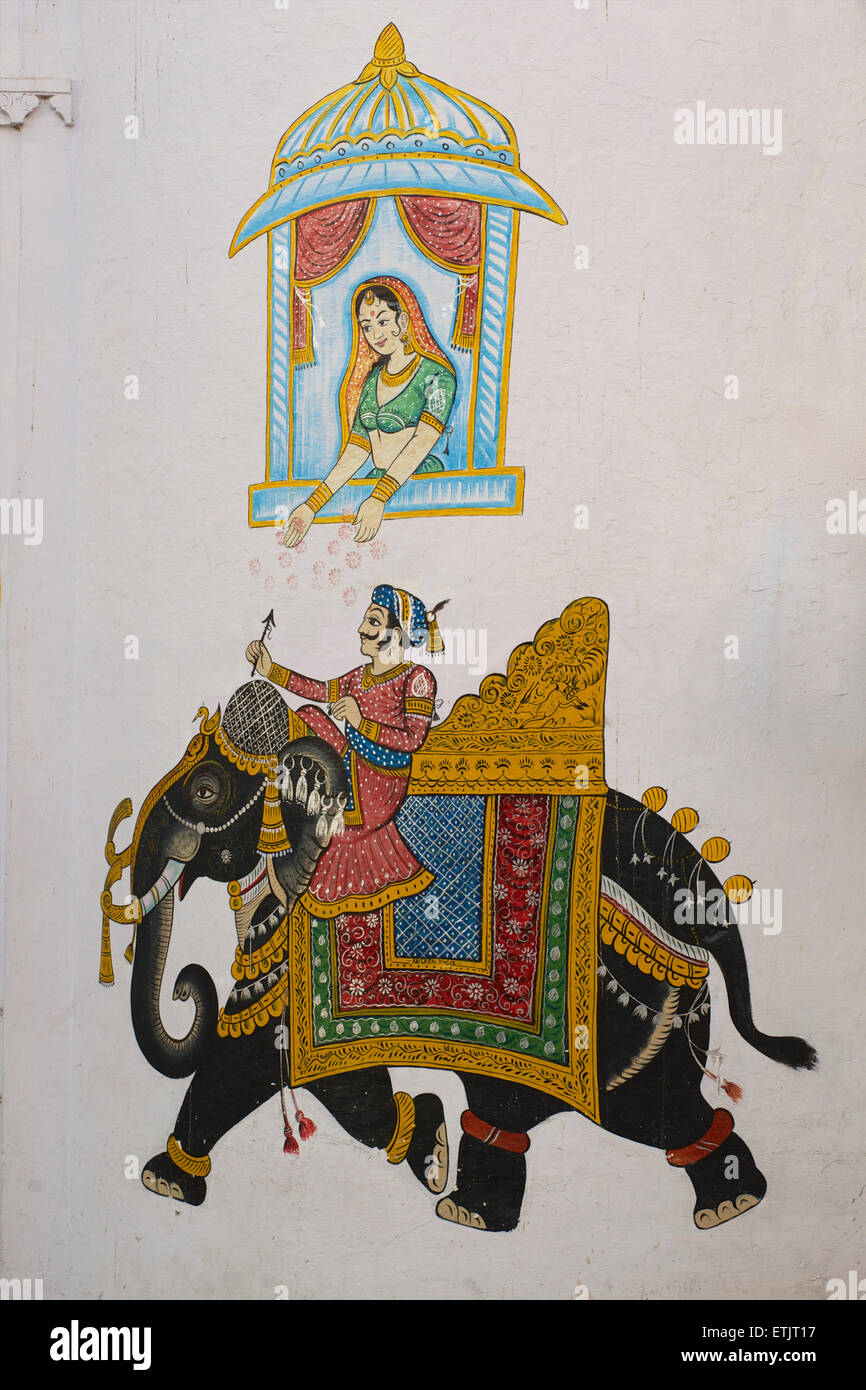 Painting of elephant and princess, maharaja and princess on a wall ...