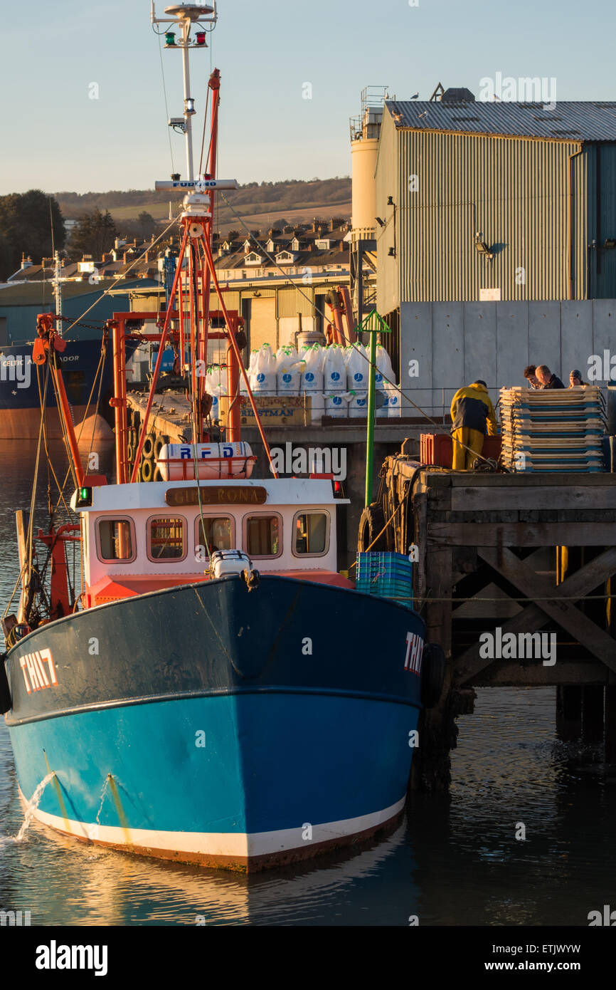 A trawler mooring up at the fish quay at Teignmouth in Devon. Fishermen ...