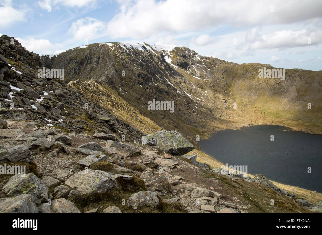 Striding Edge arete Helvellyn mountain peakand Red Tarn corrie lake ...
