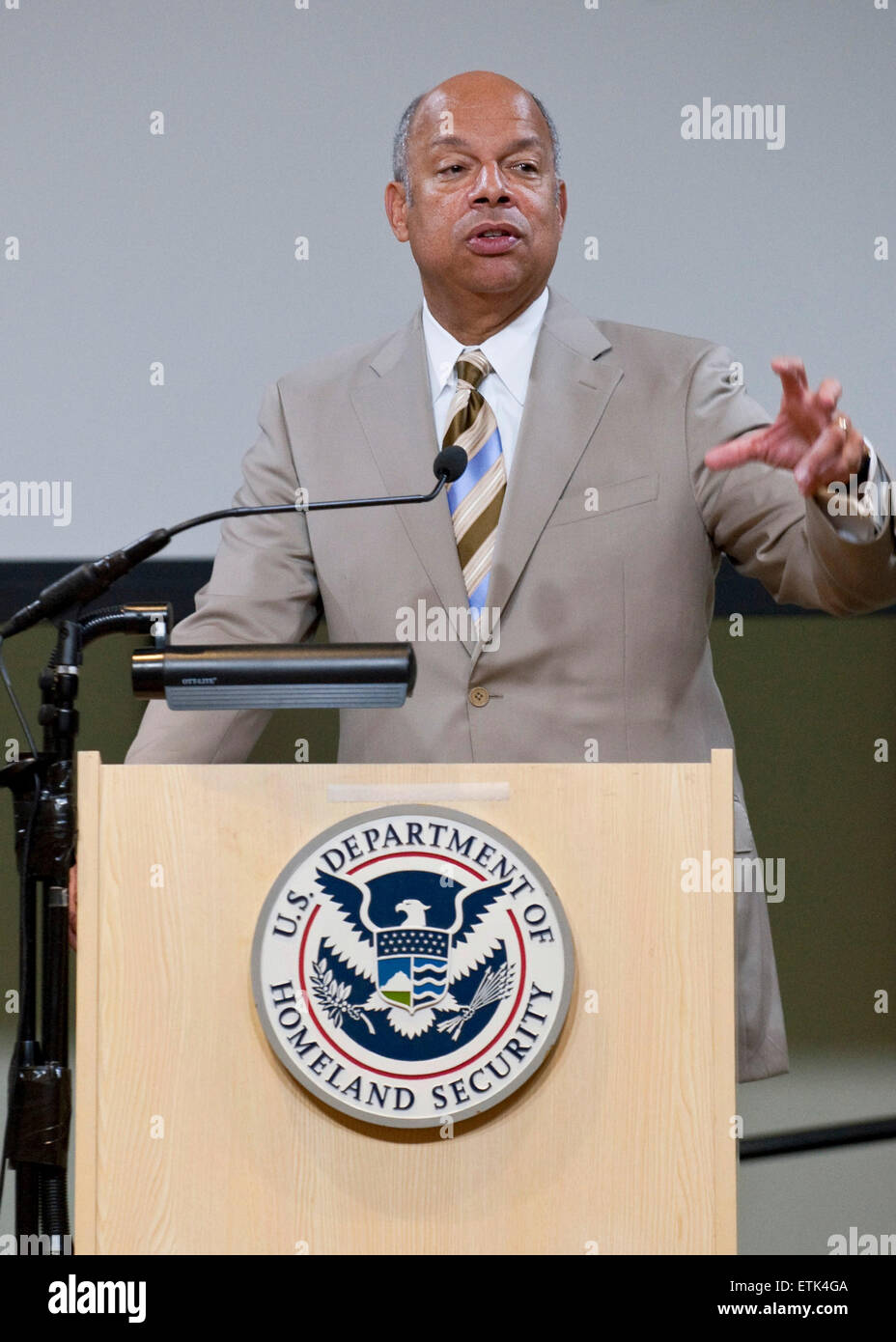 U.S. Secretary of Homeland Security Jeh Johnson speaks with employees ...