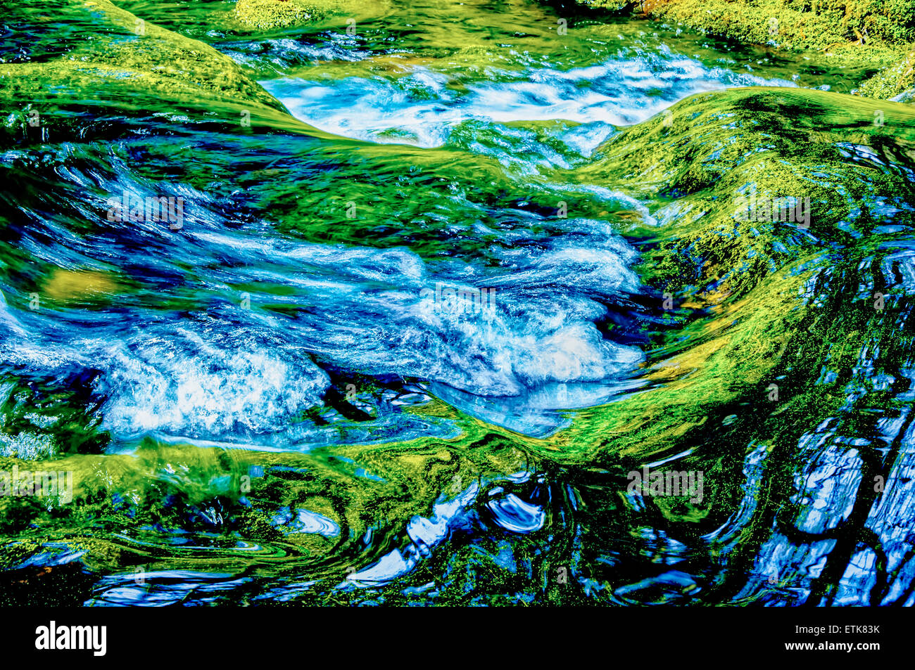 Forest stream flowing over green mossy rocks, taken using a slow ...