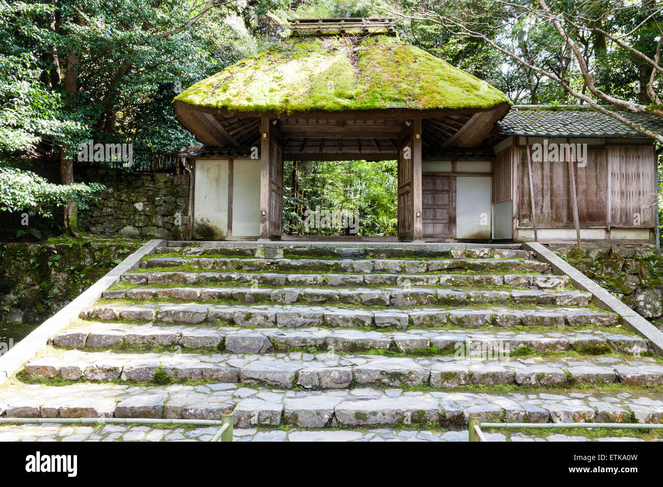 Japan, Kyoto, Honen-in temple. Main entrance with stone steps leading ...