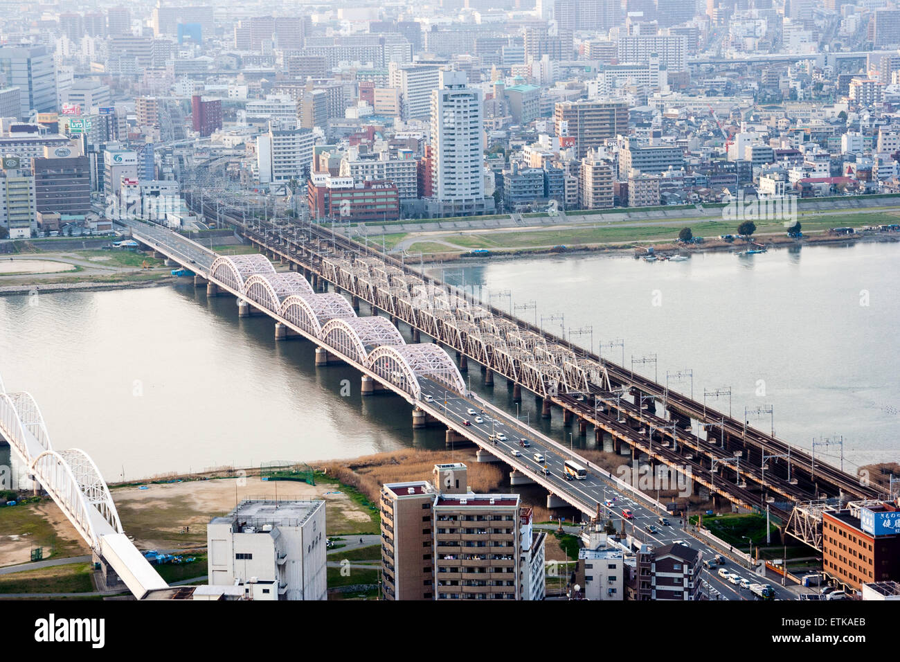 Transportation, road and rail bridges spanning the Kyu-Yodo, Yodo ...