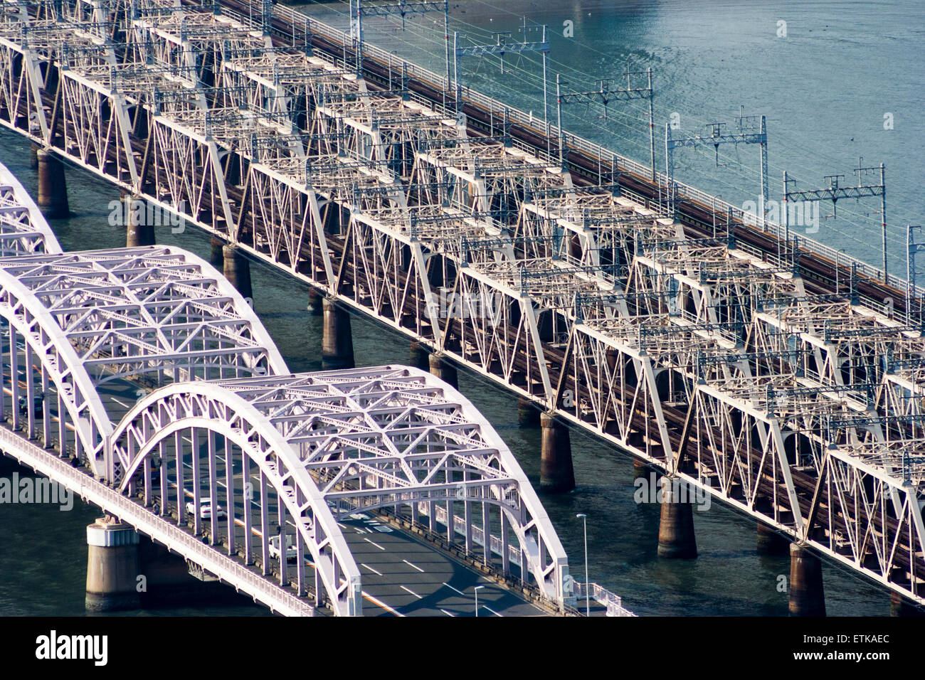 Transportation, road and rail truss bridges spanning the Kyu-Yodo, Yodo ...