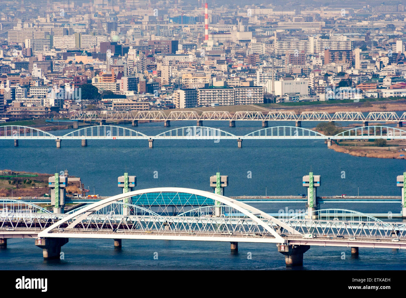 Transportation, road and rail bridges spanning the Kyu-Yodo, Yodo ...