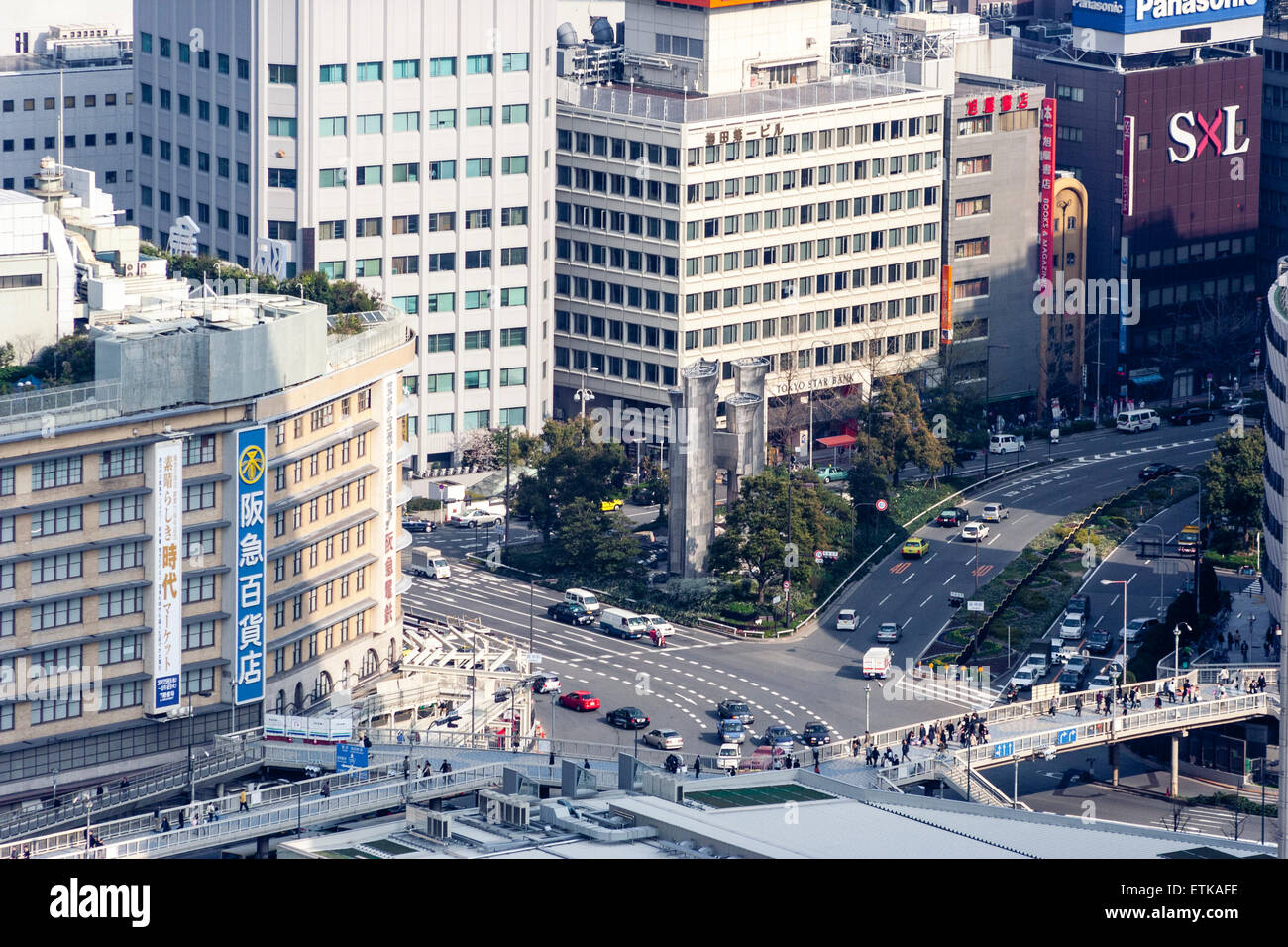 Japan, Osaka. Aerial view from Umeda Sky Building, Major street ...