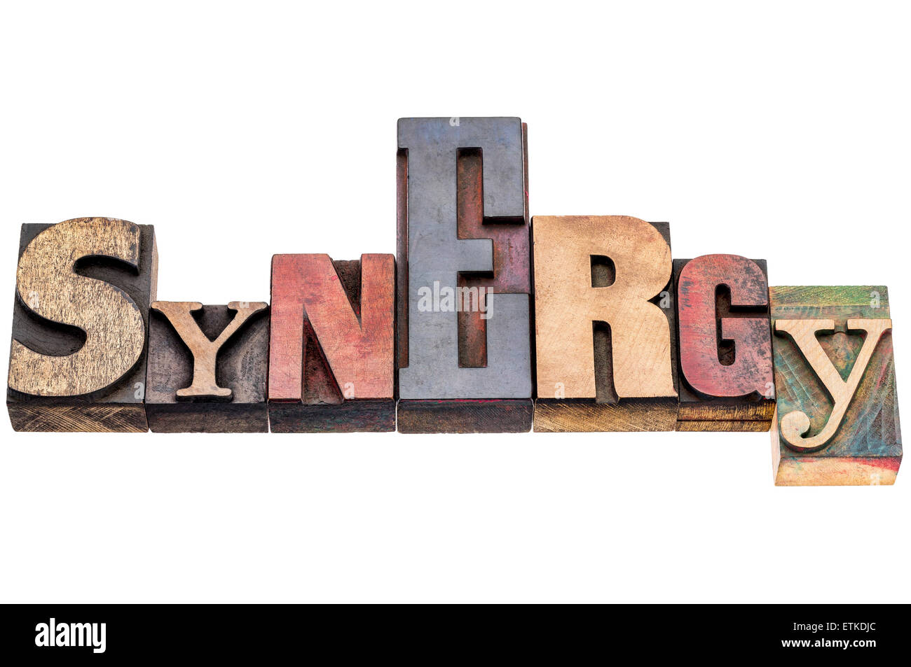 synergy word abstract - isolated text in mixed vintage letterpress wood ...