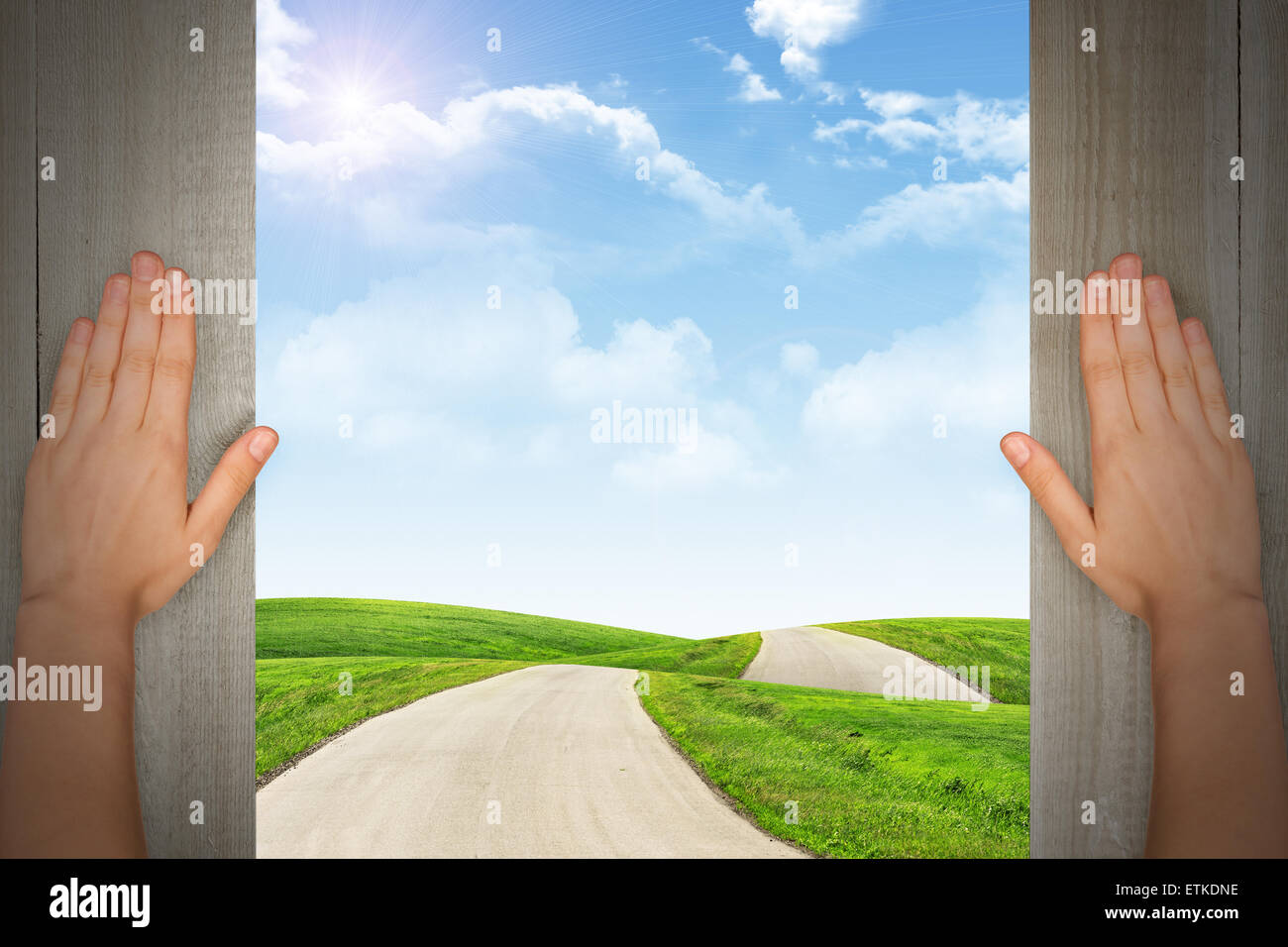 Humans hands and landscape Stock Photo - Alamy