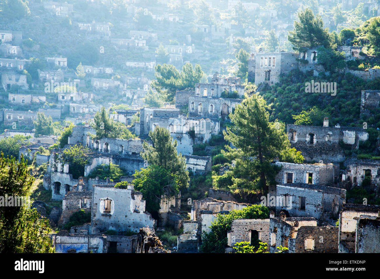 Empty houses at ghost town village Kayakoy ruins closeup near Fethiye ...