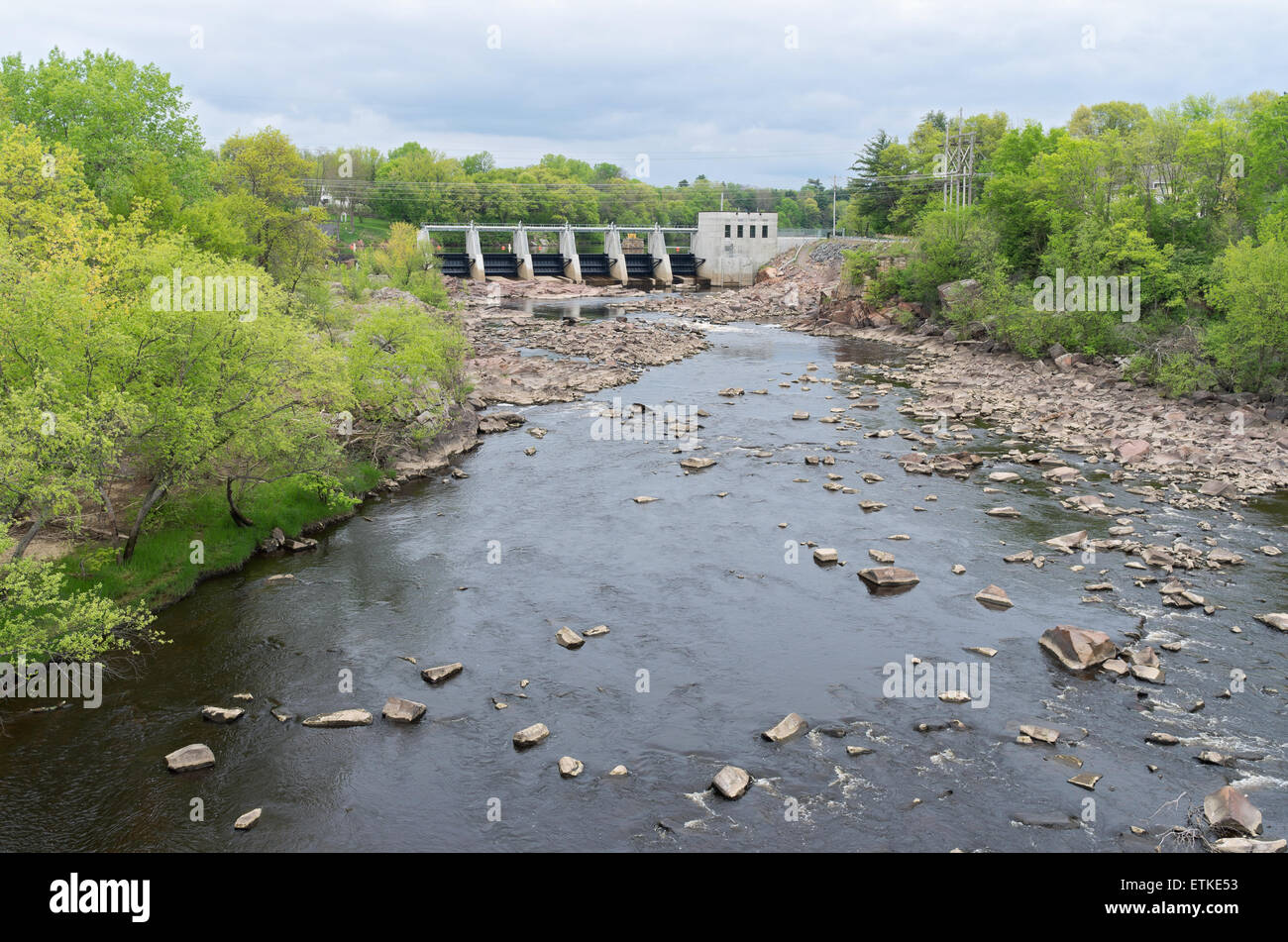 hydroelectric dam spillway gates and powerhouse on river in black river ...