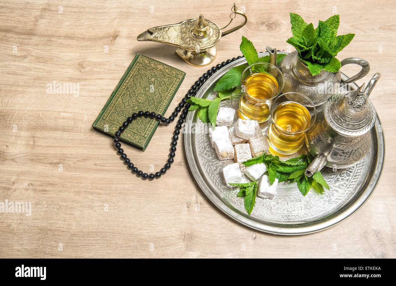 Islamic holidays decoration. Ramadan kareem. Tea glasses and pot ...