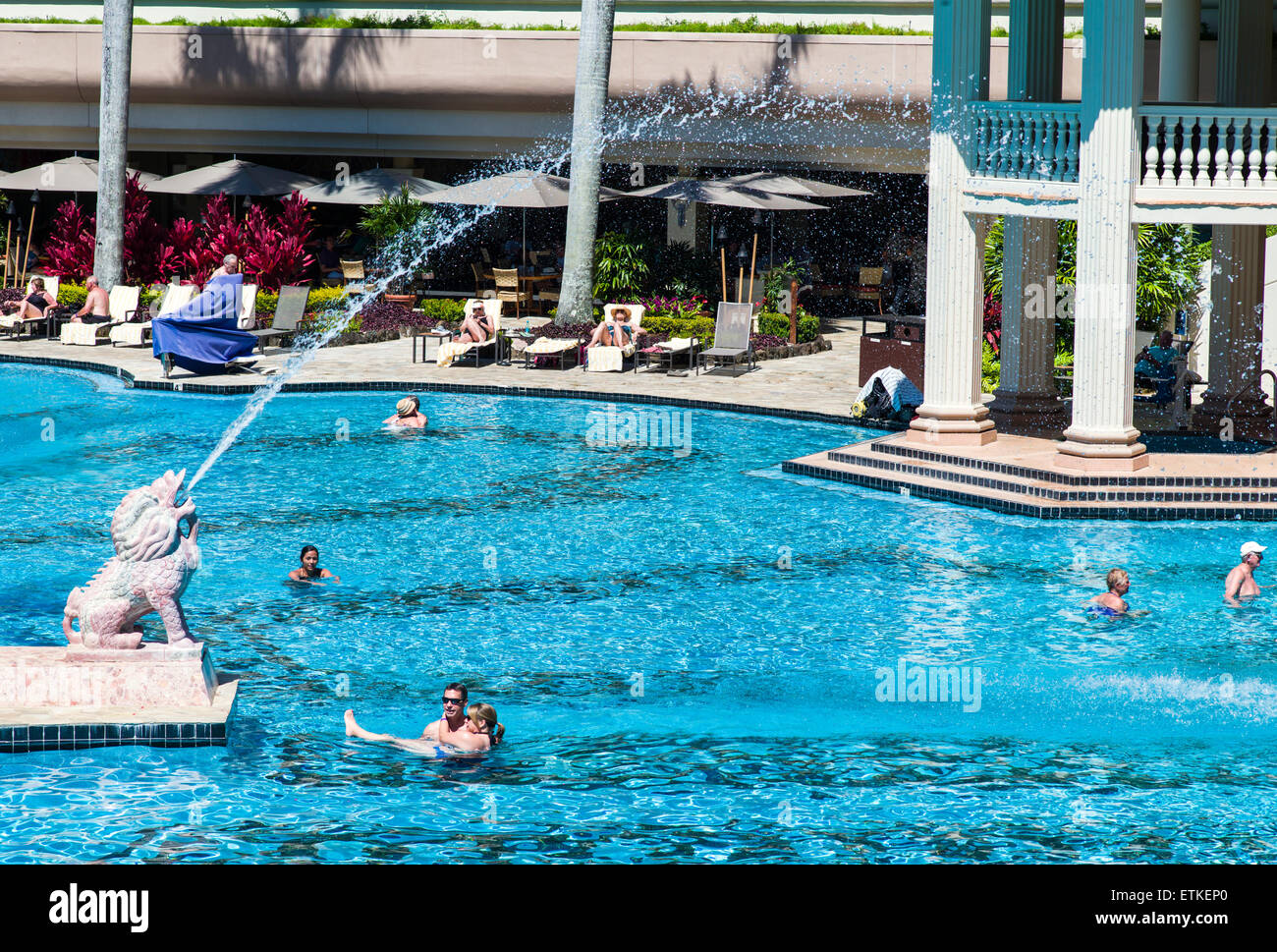 Guests enjoy the 26,000 sq. ft. swimming pool, Kaua’i Marriott Resort ...