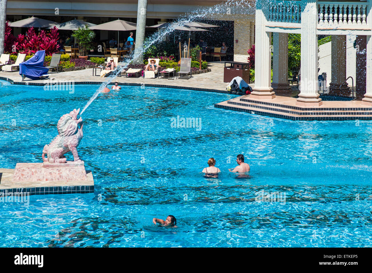 Guests enjoy the 26,000 sq. ft. swimming pool, Kaua’i Marriott Resort ...
