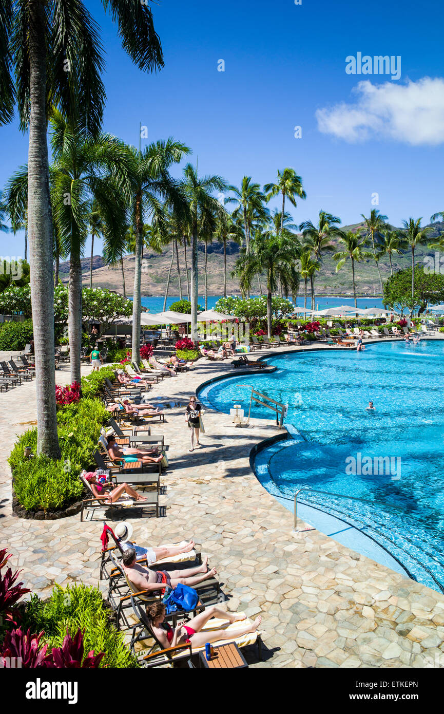 Guests enjoy the 26,000 sq. ft. swimming pool, Kaua’i Marriott Resort ...