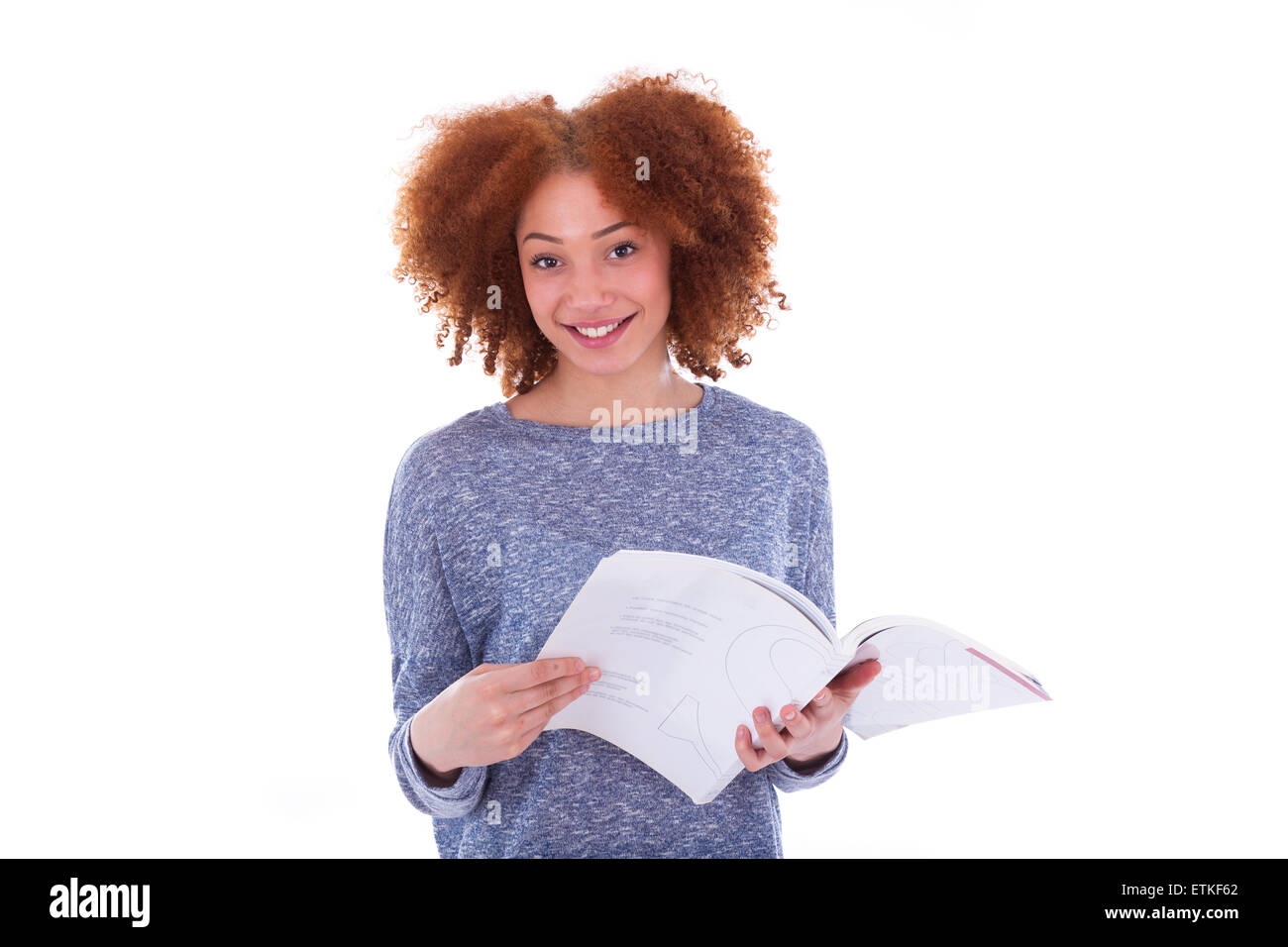 Black African American student girl reading a book, isolated on white ...