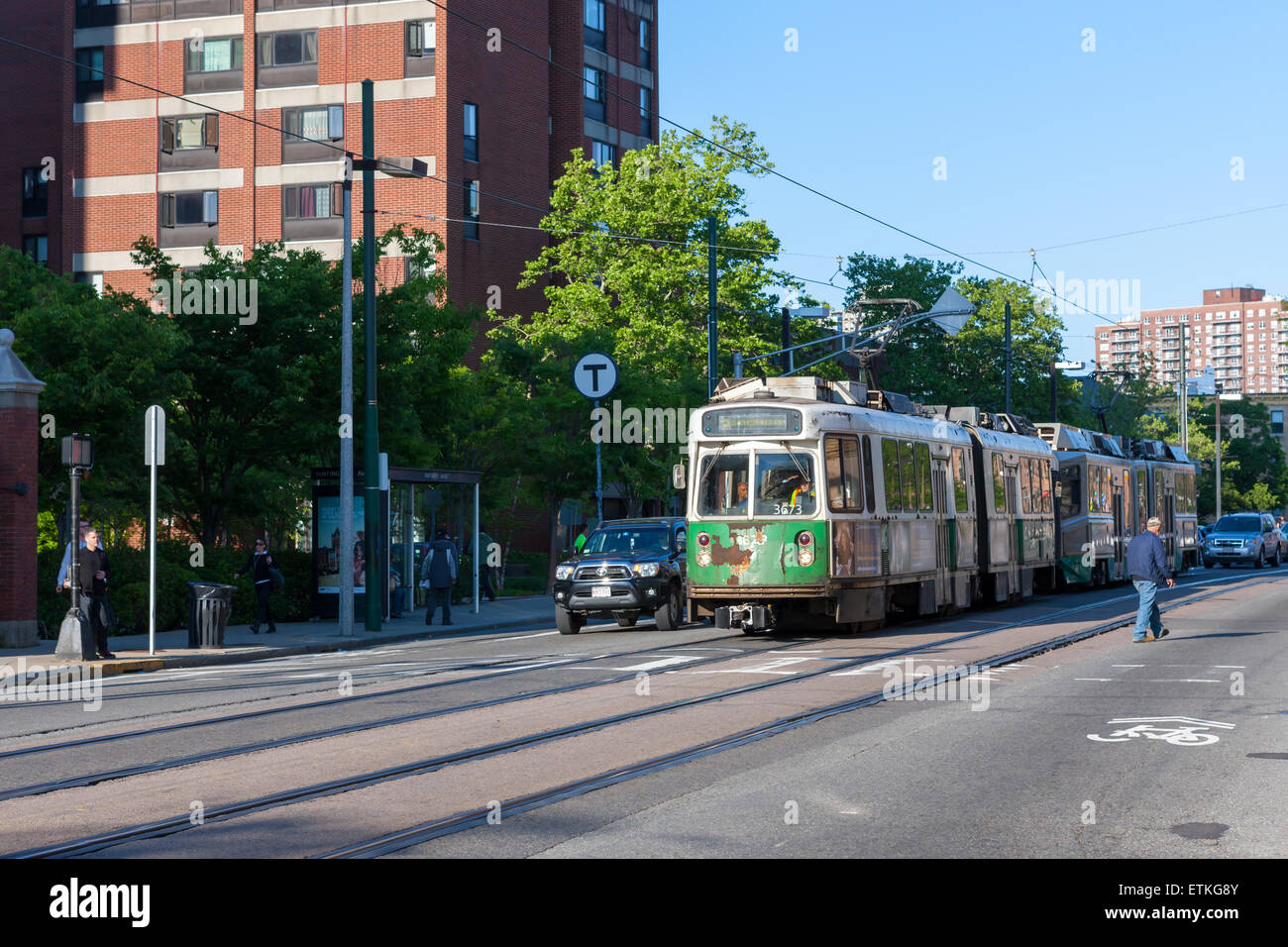 A well-used outbound train on the MBTA Huntington Avenue Line ...