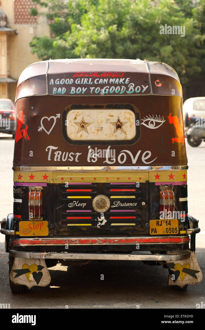 TRUST IS LOVE. Indian tuk tuk motorised rickshaw, Jaipur, Rajasthan ...