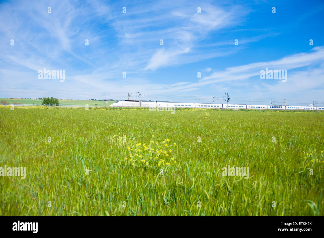 long high speed train in a landscape from Spain Stock Photo - Alamy