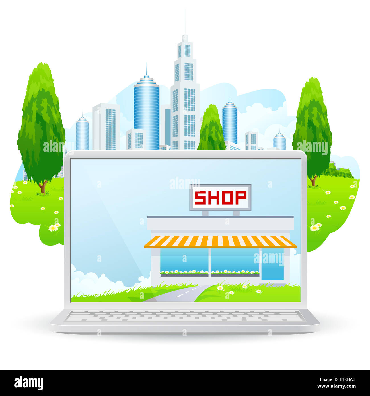 Laptop with Shop Building Stock Photo - Alamy
