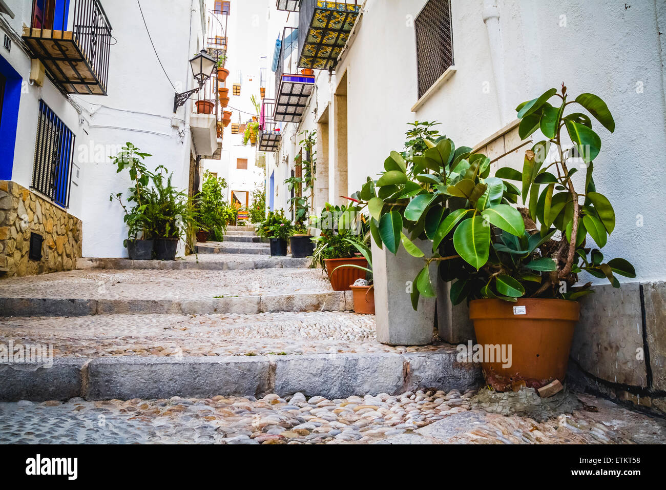 streets and architecture along the Mediterranean coastal town in Spain ...