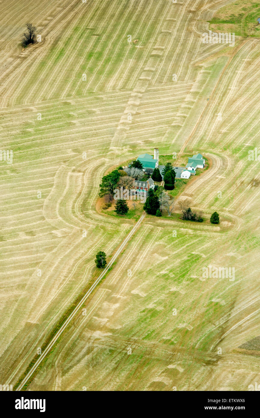 Aerial view of farmhouse and buildings surrounded by cover crops on ...