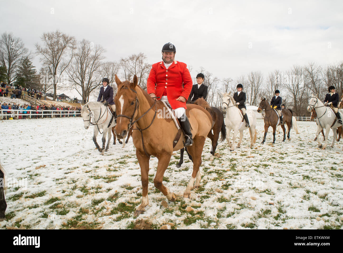Fox hunters on horses at the Blessing of the hounds at St. James Church ...