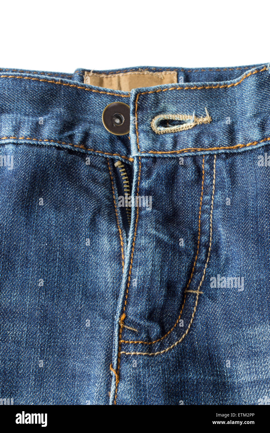 Close-up of unzipped and unbuttoned blue denim jeans isolated on white ...