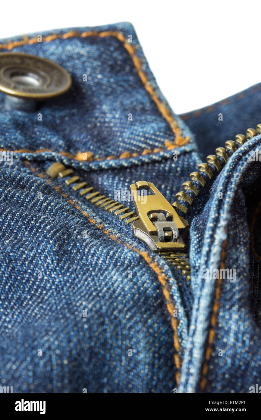 Close-up of open, unzipped and unbuttoned blue denim jeans isolated on ...
