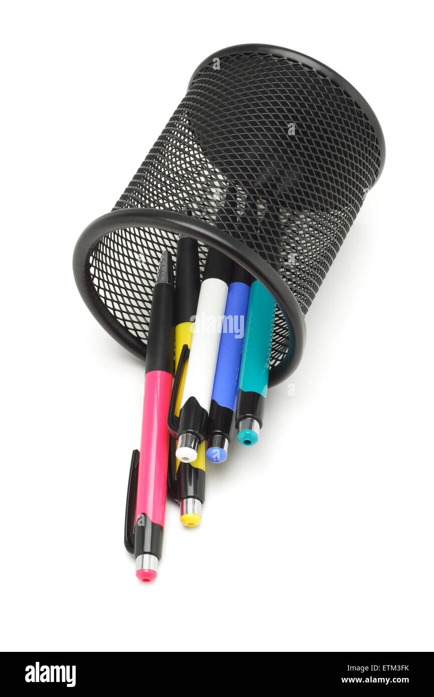 Ballpoint Pens in Container Lying on White background Stock Photo - Alamy