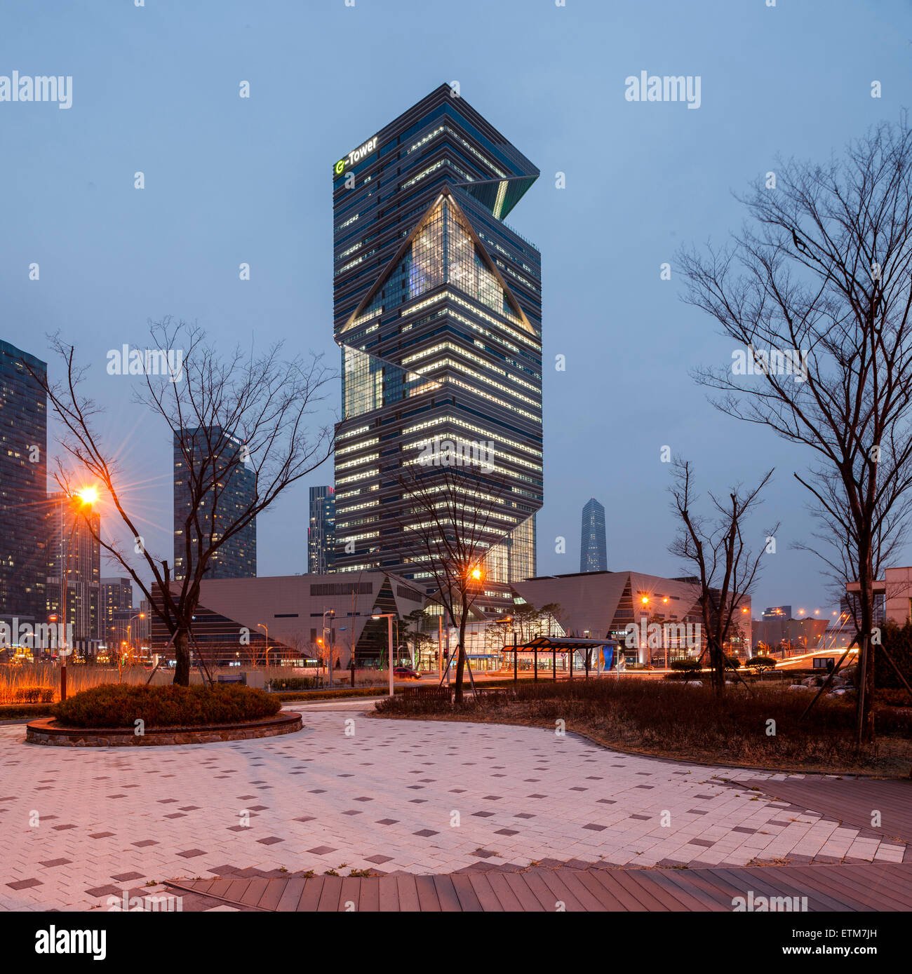 Distant dusk elevation from public square. G-Tower in Incheon, Incheon ...