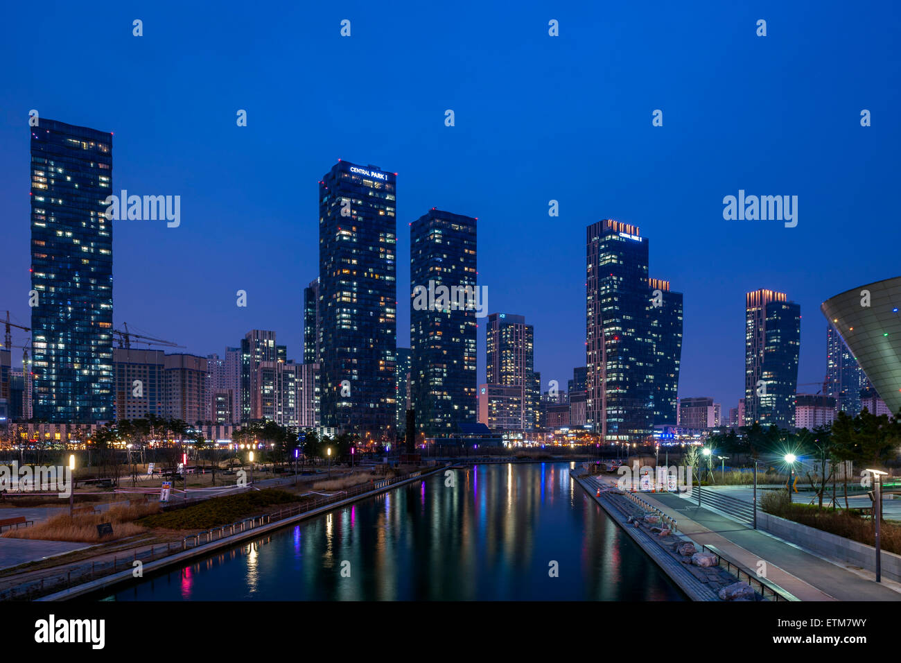 City skyline at night. G-Tower in Incheon, Incheon, Korea, South ...
