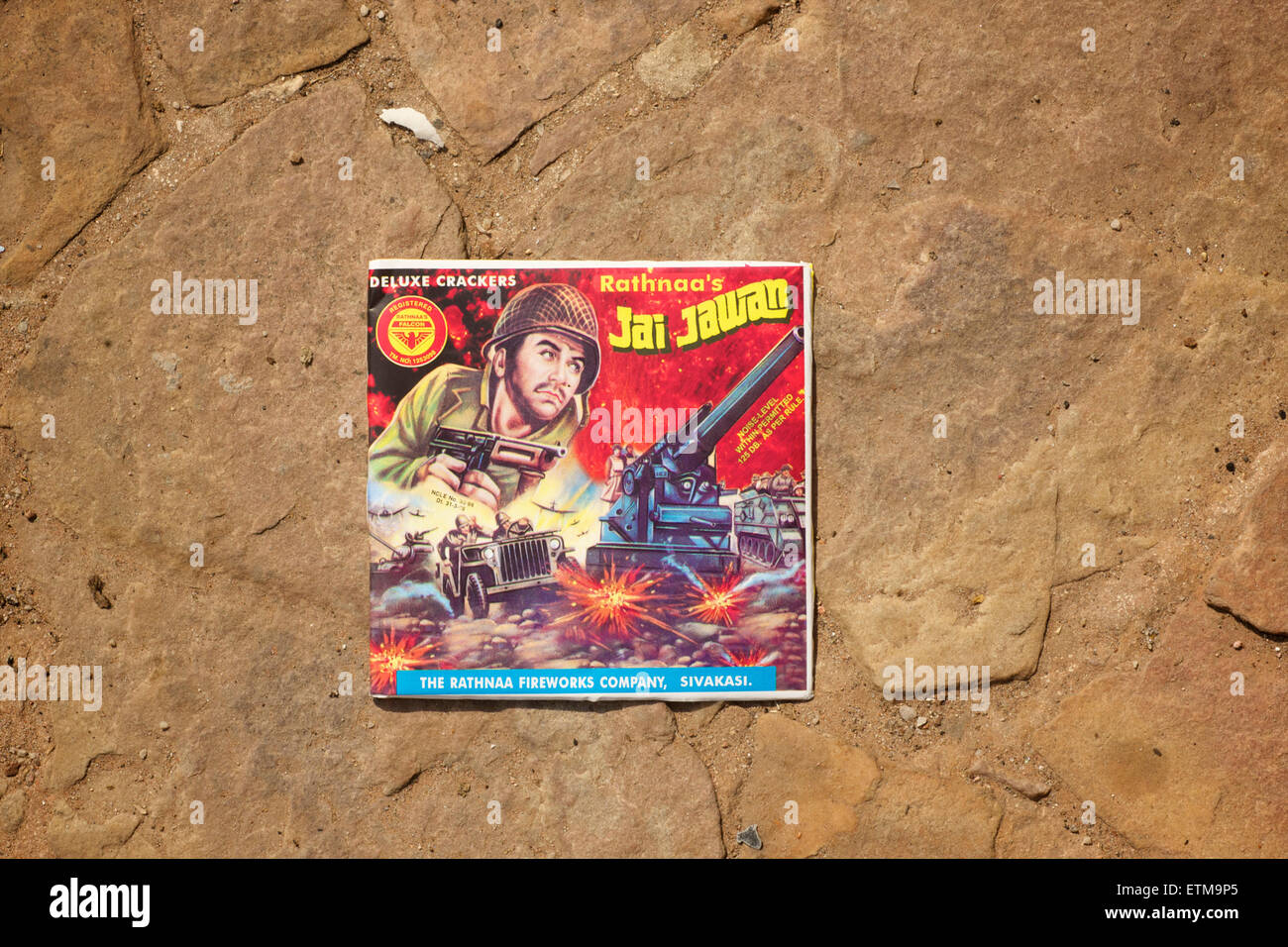 Indian firework wrapper with military graphics. India Stock Photo - Alamy