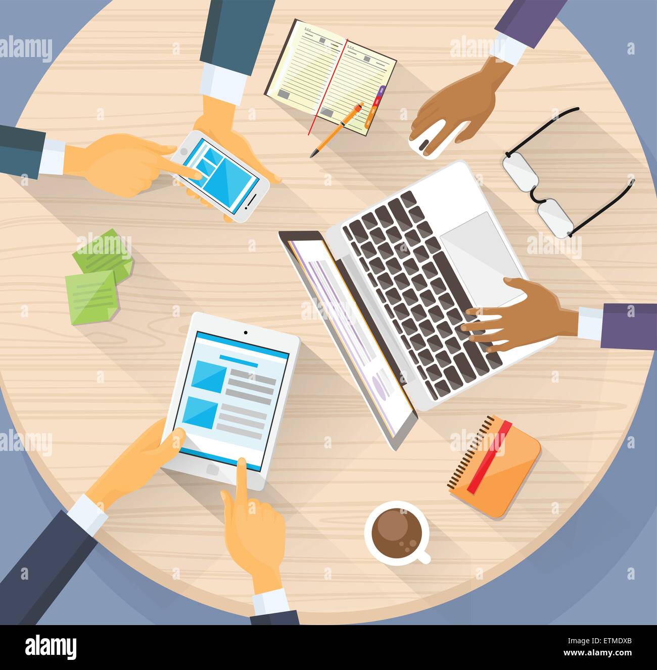 Group hands office table tablet phone Stock Vector Images - Alamy