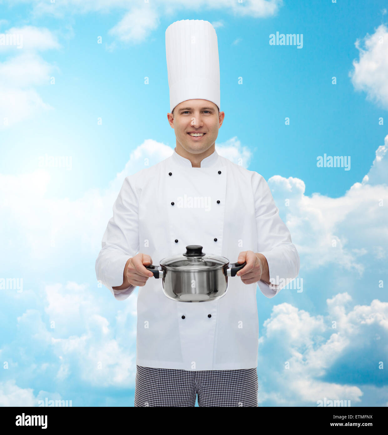 happy male chef cook holding pot Stock Photo - Alamy