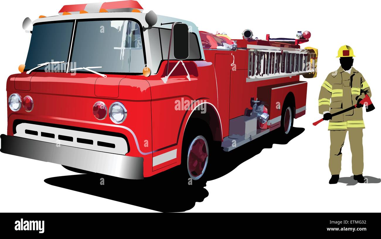 Fire engine and fireman isolated on background. Vector illustration ...
