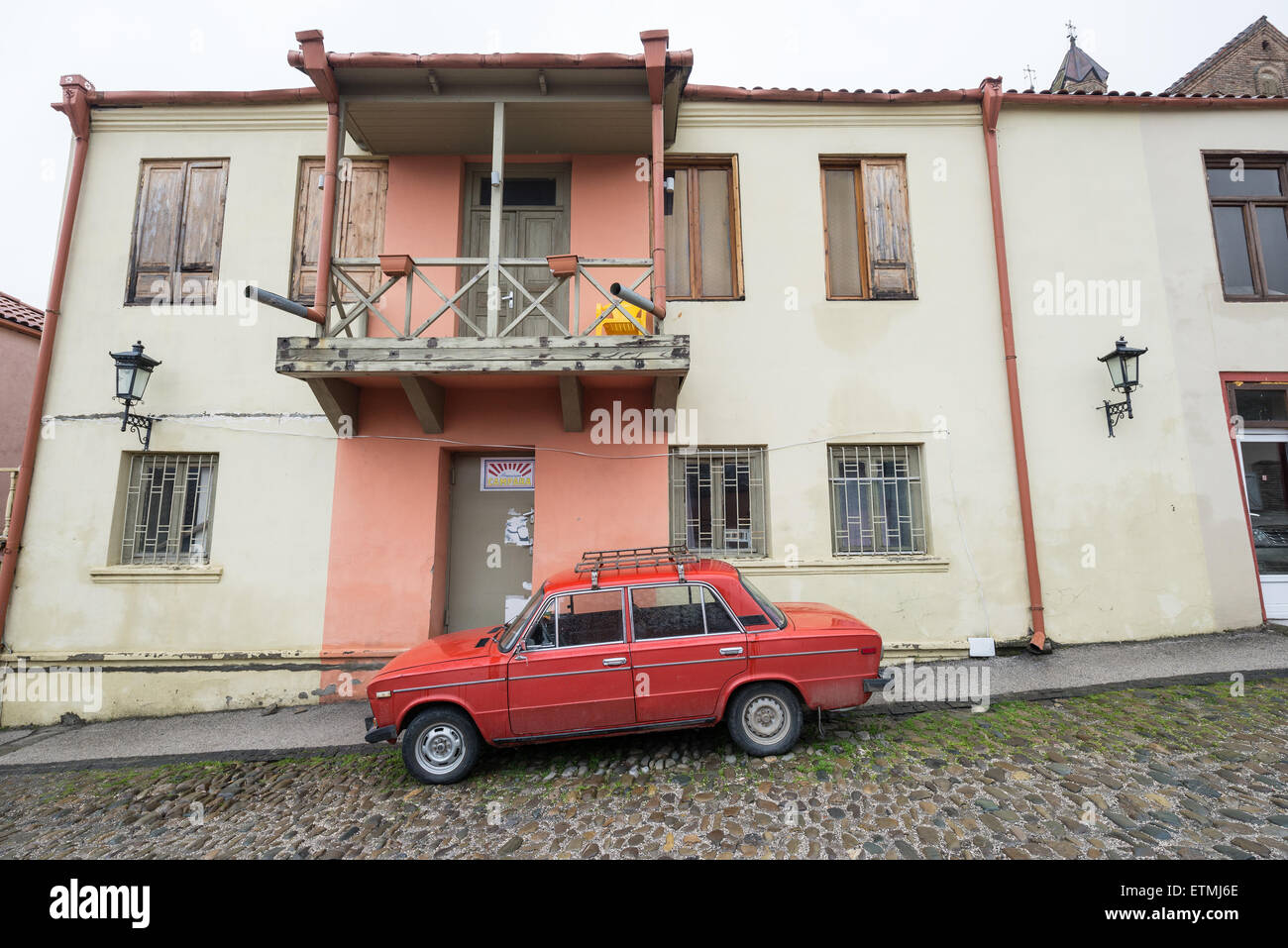 Lada car in front oh house in Sighnaghi town in Kakheti region, one of ...