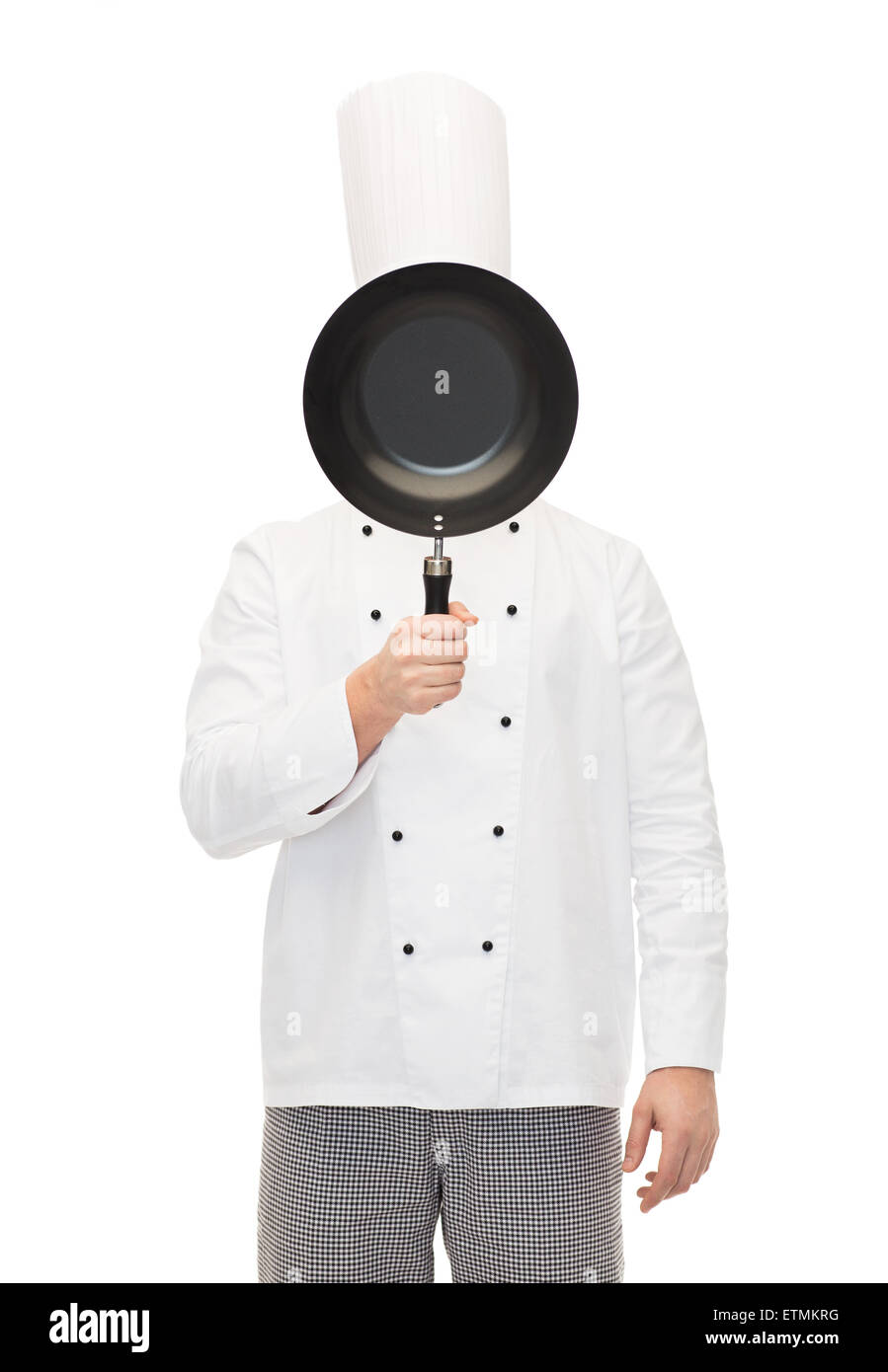 male chef cook covering face with frying pan Stock Photo - Alamy