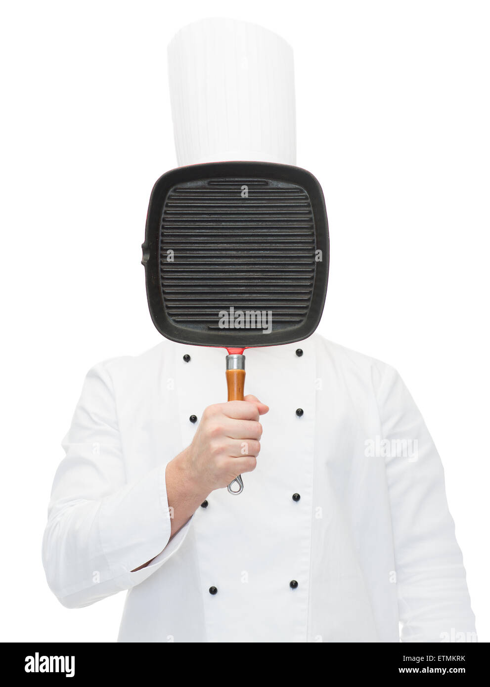 male chef cook covering face with grill pan Stock Photo - Alamy