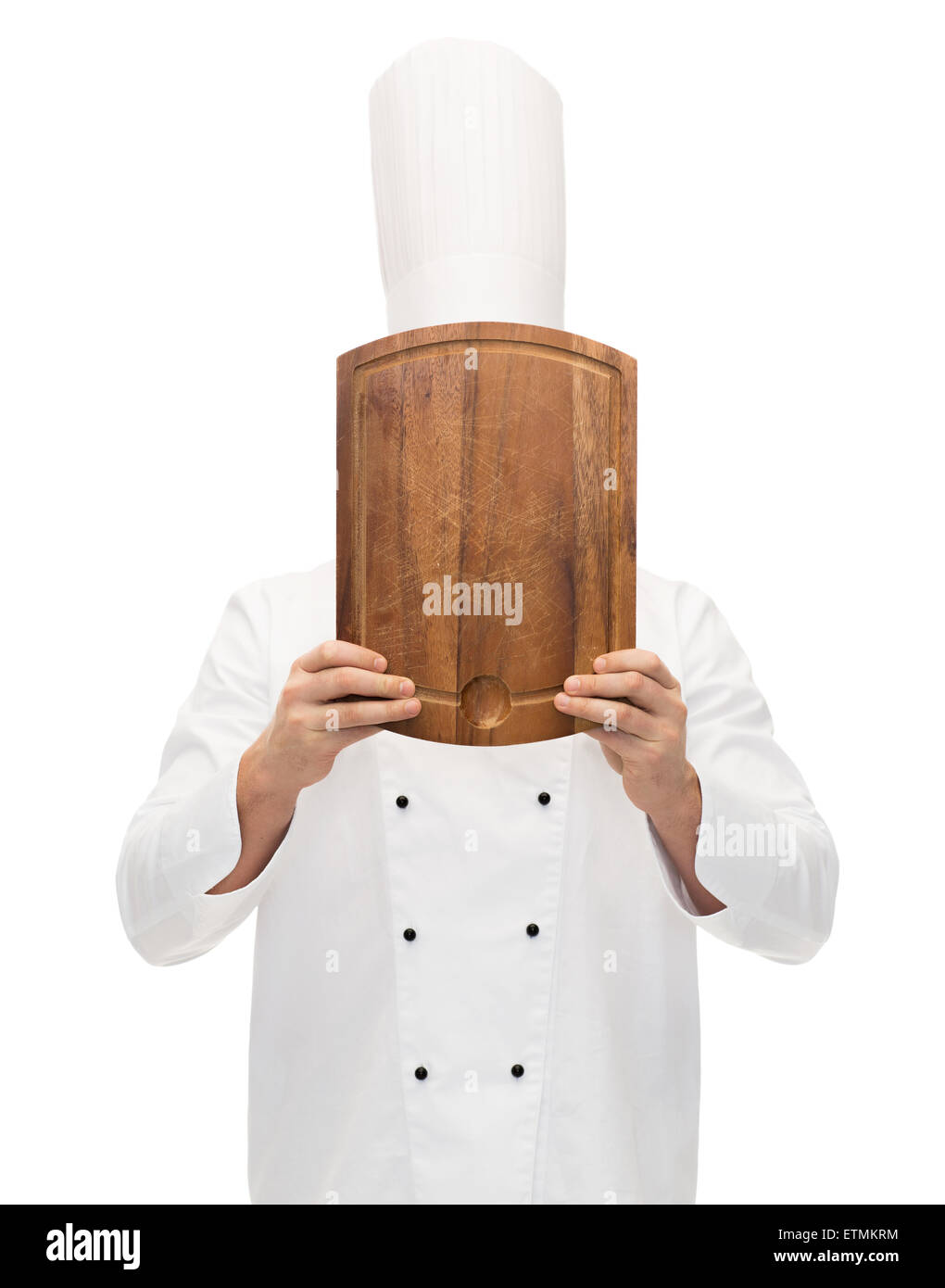 male chef cook covering face with cutting board Stock Photo - Alamy