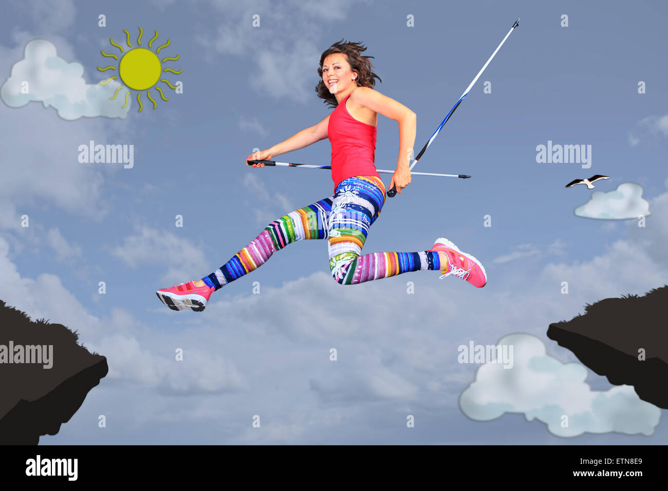 woman running in the mountains in unrealistic cartoon style Stock Photo ...